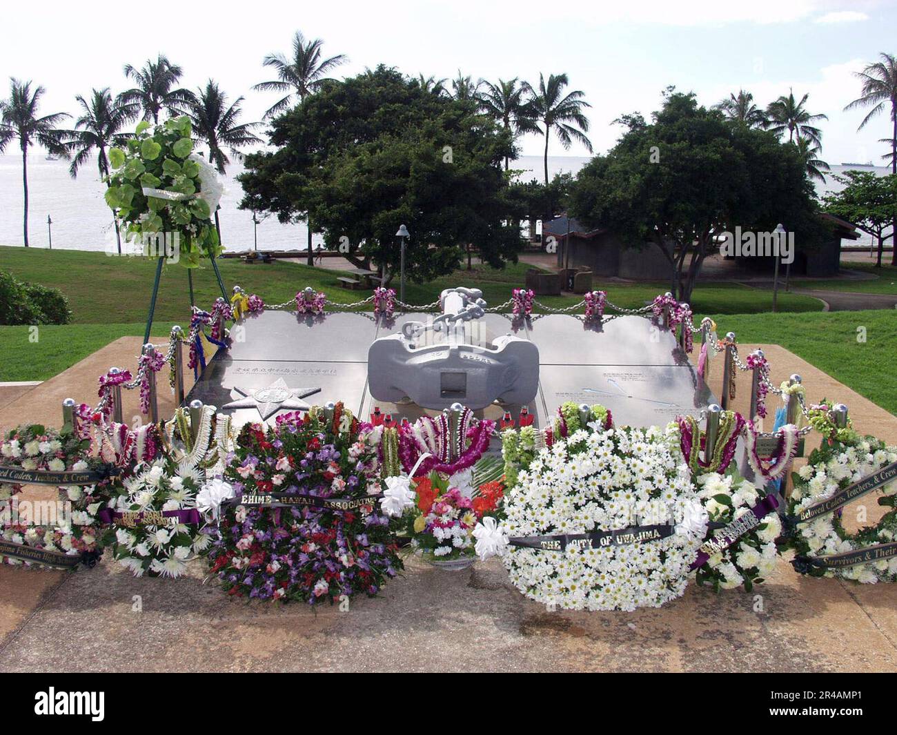 US Navy Flowers adorn the Ehime Maru Memorial in Honolulu, Hawaii, on ...