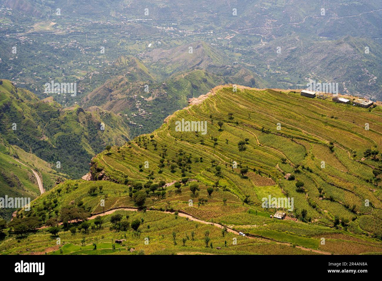 An aerial view of the scenic valley located in the city of Ibb, Yemen ...