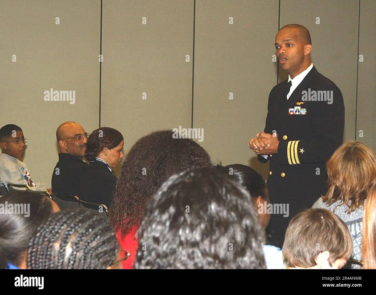 US Navy Navy Astronaut Cmdr. Robert L. Curbeam., Jr. speaks to high school students at a ...