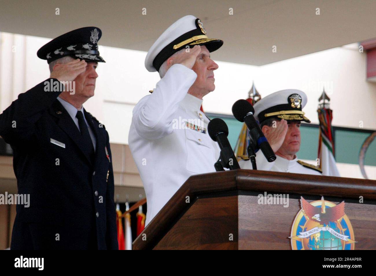 US Navy Adm. William J. Fallon, center, Adm. Thomas B. Fargo, right ...