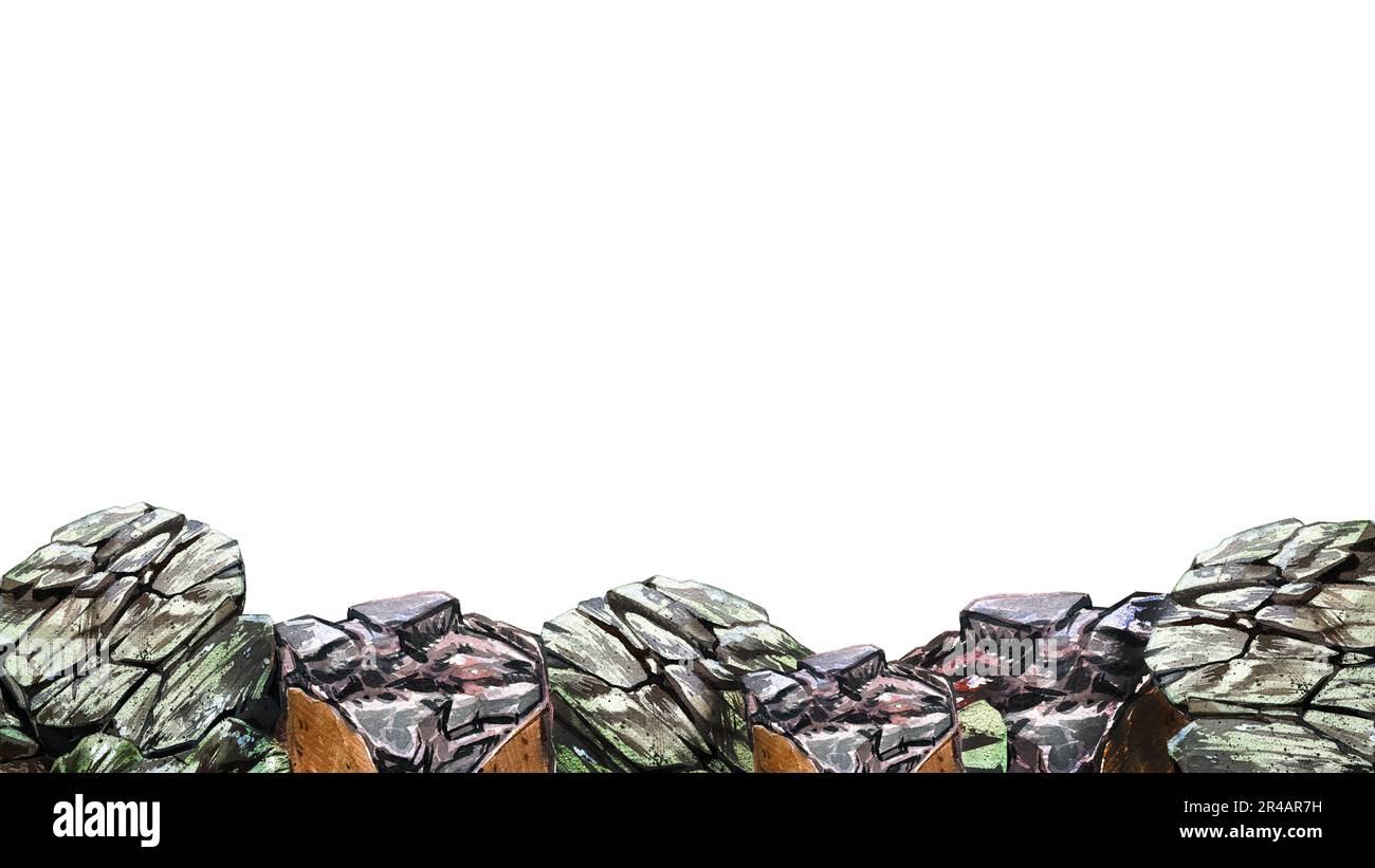 Border frame with grey rock stones with moss, mountain ground isolated ...