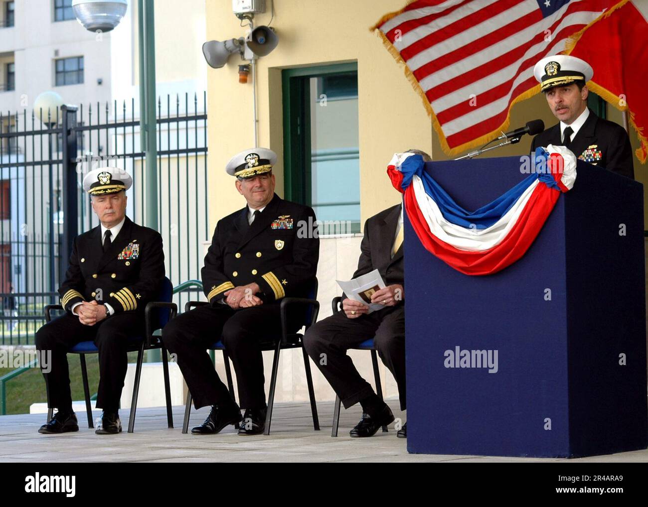 US Navy Master of Ceremonies, Capt. gives a speech during the ...
