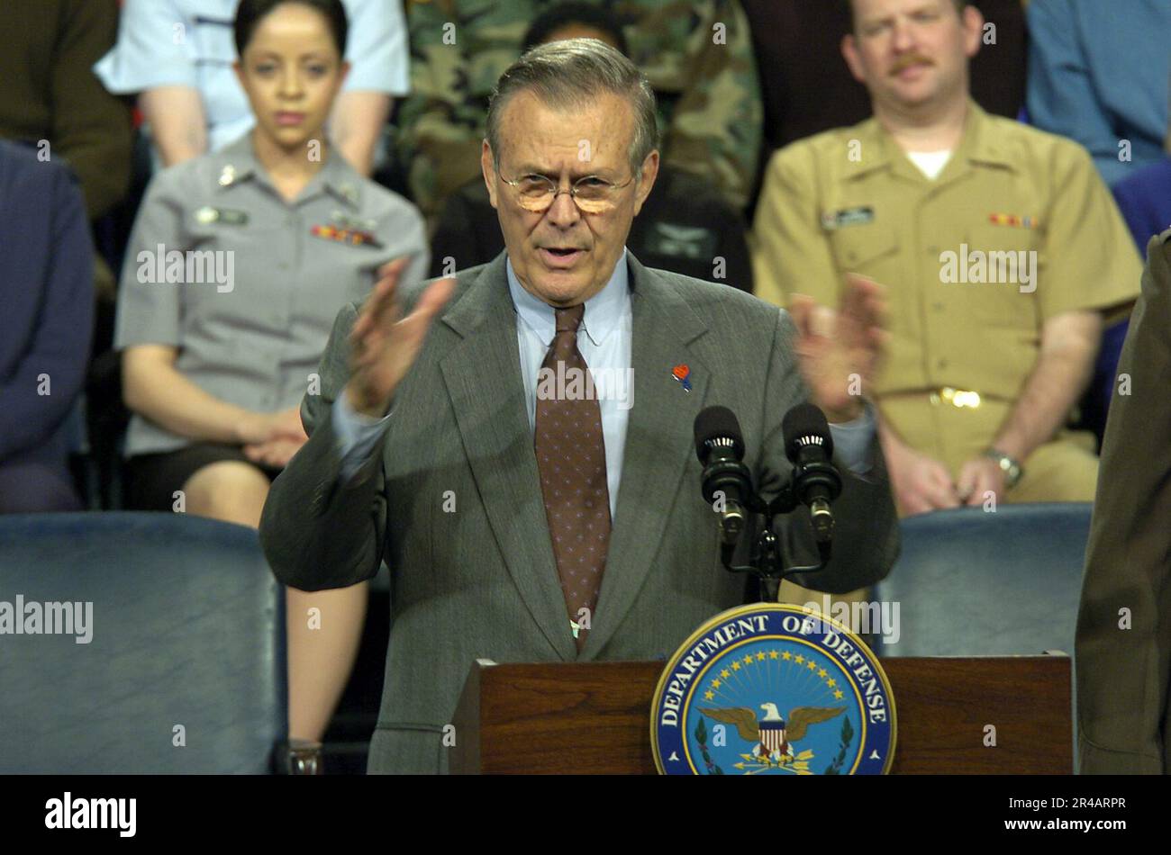 US Navy Secretary of Defense Donald Rumsfeld answers questions from ...