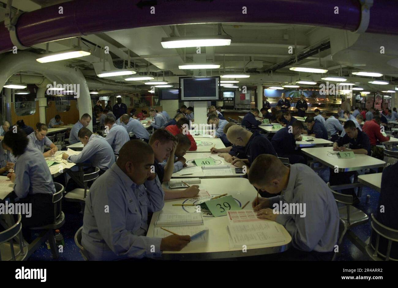 US Navy E-3 Sailors aboard the nuclear powered aircraft carrier USS Nimitz (CVN 68), take the ...