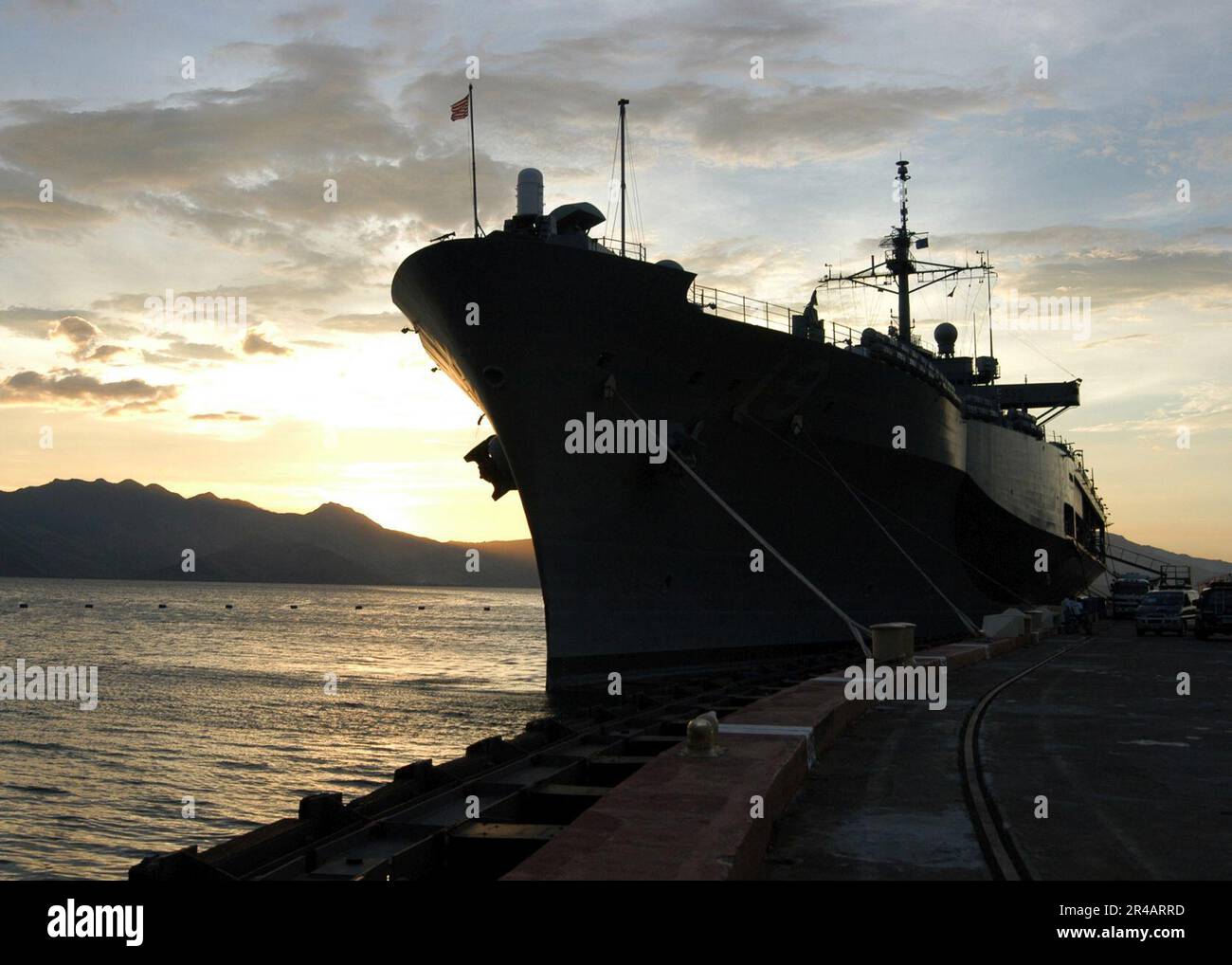 US Navy The 7th Fleet amphibious command ship USS Blue Ridge (LCC 19) moored at the Alava pier ...