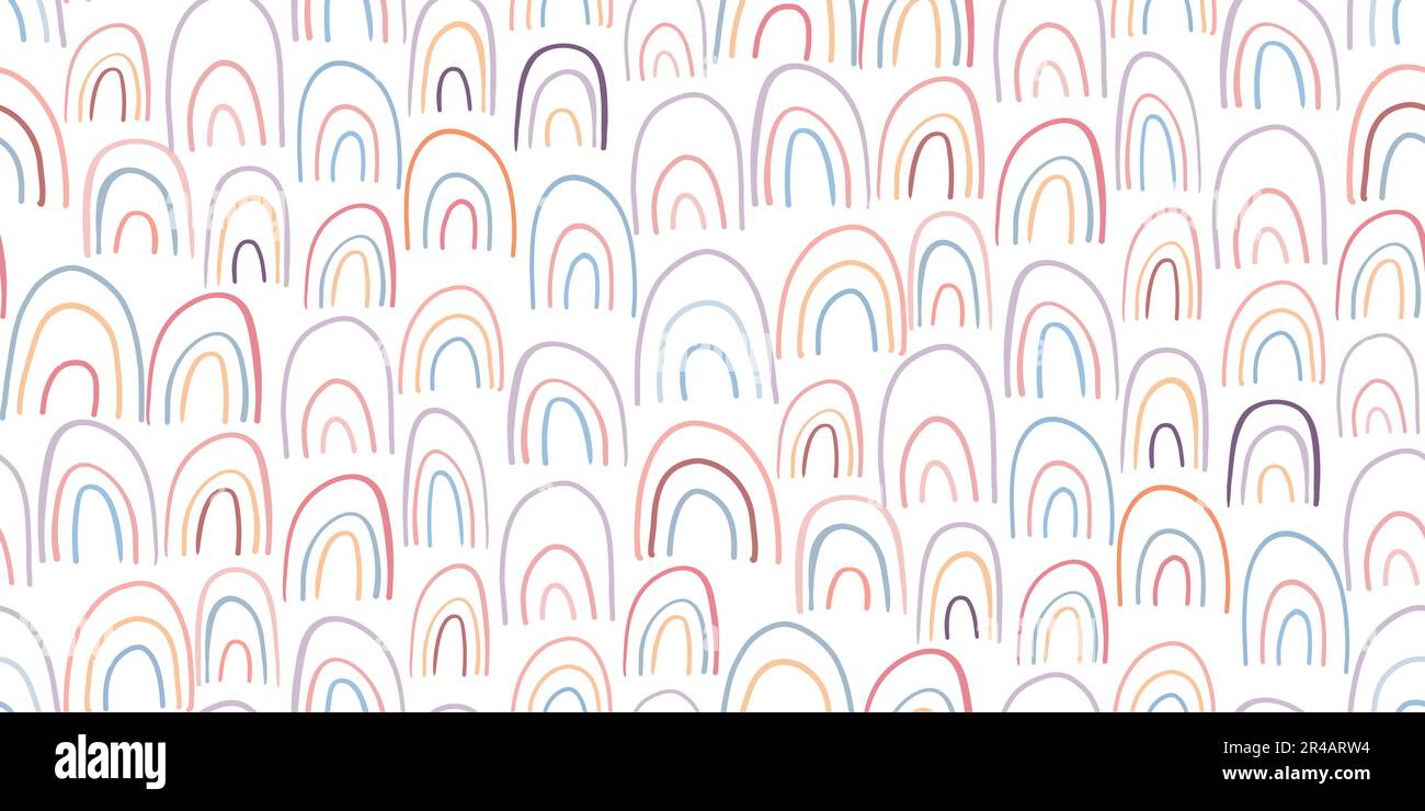 Seamless childish pattern with hand drawn colored rainbow in pastel ...