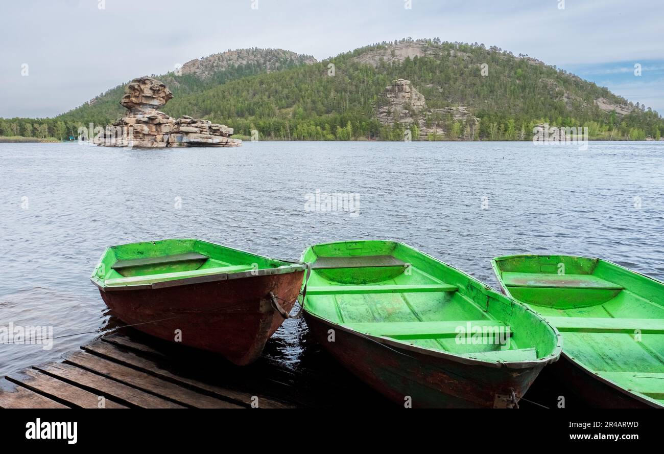 Boats on the shore of the lake in Burabay (Borovoye) National Park in ...