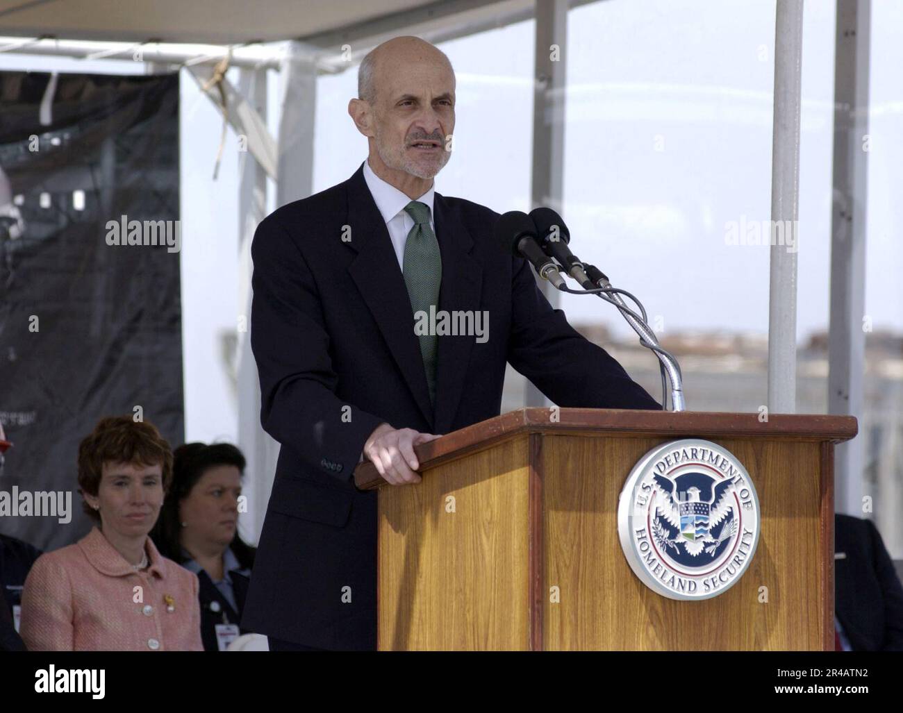 US Navy Secretary of Homeland Security Michael Chertoff speaks at a keel-laying ceremony for the ...