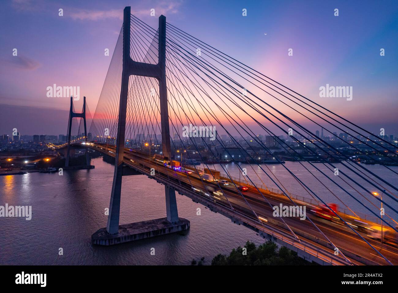 Sunset on Phu My bridge, Saigon river, Ho Chi Minh city, Vietnam Stock ...