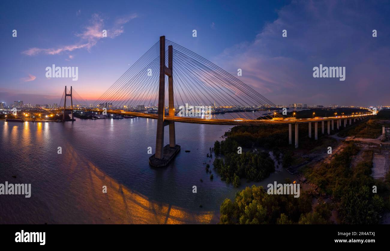 Sunset on Phu My bridge, Saigon river, Ho Chi Minh city, Vietnam Stock ...