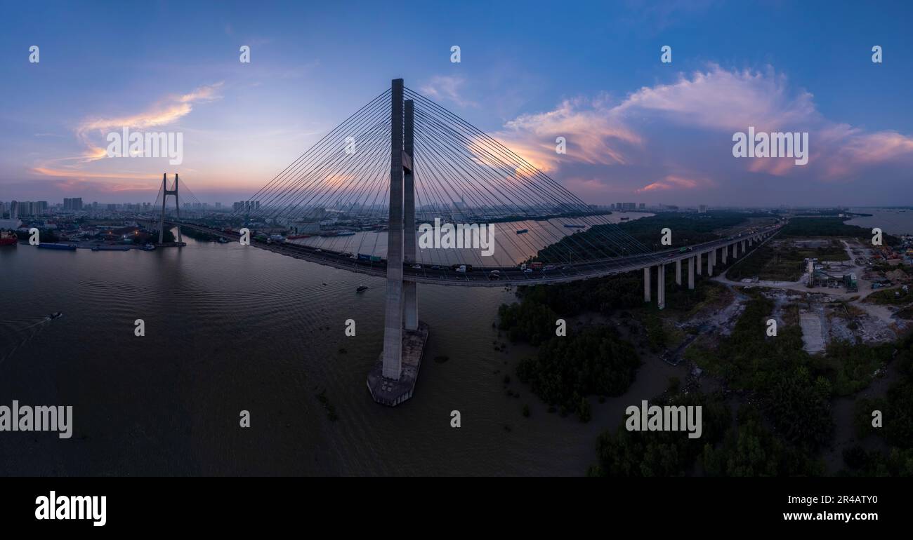 Sunset on Phu My bridge, Saigon river, Ho Chi Minh city, Vietnam Stock ...