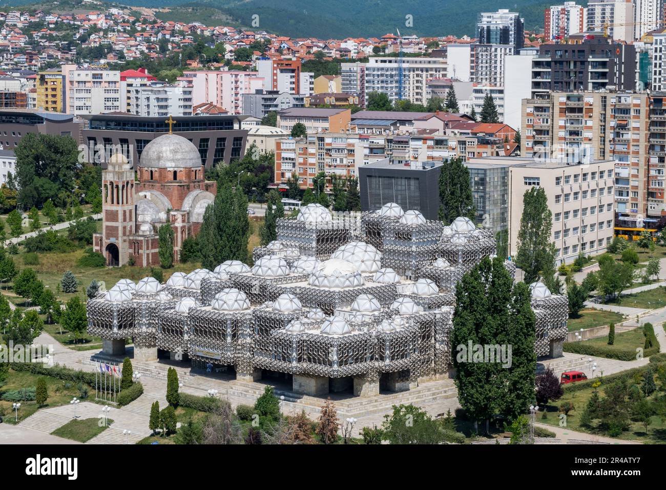 Elevated view of National Library of Kosovo, in Pristina, built in ...