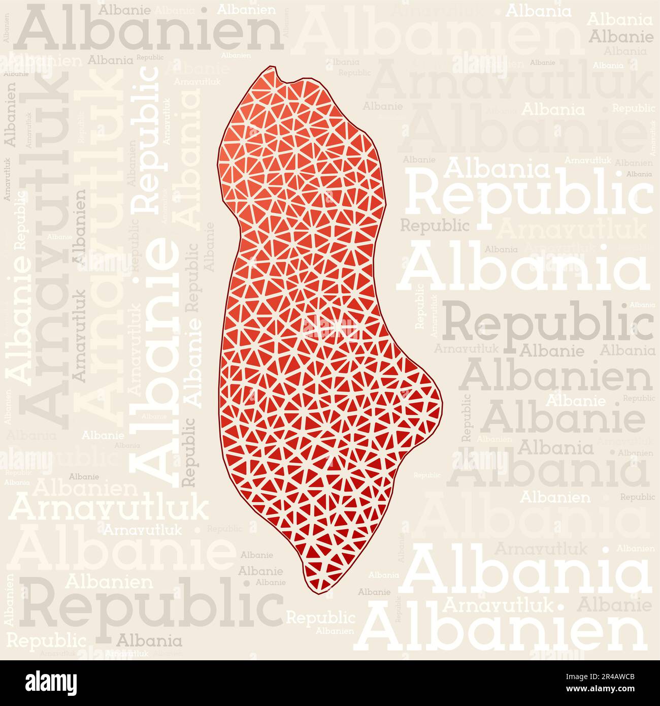 ALBANIA map design. Country names in different languages and map shape ...