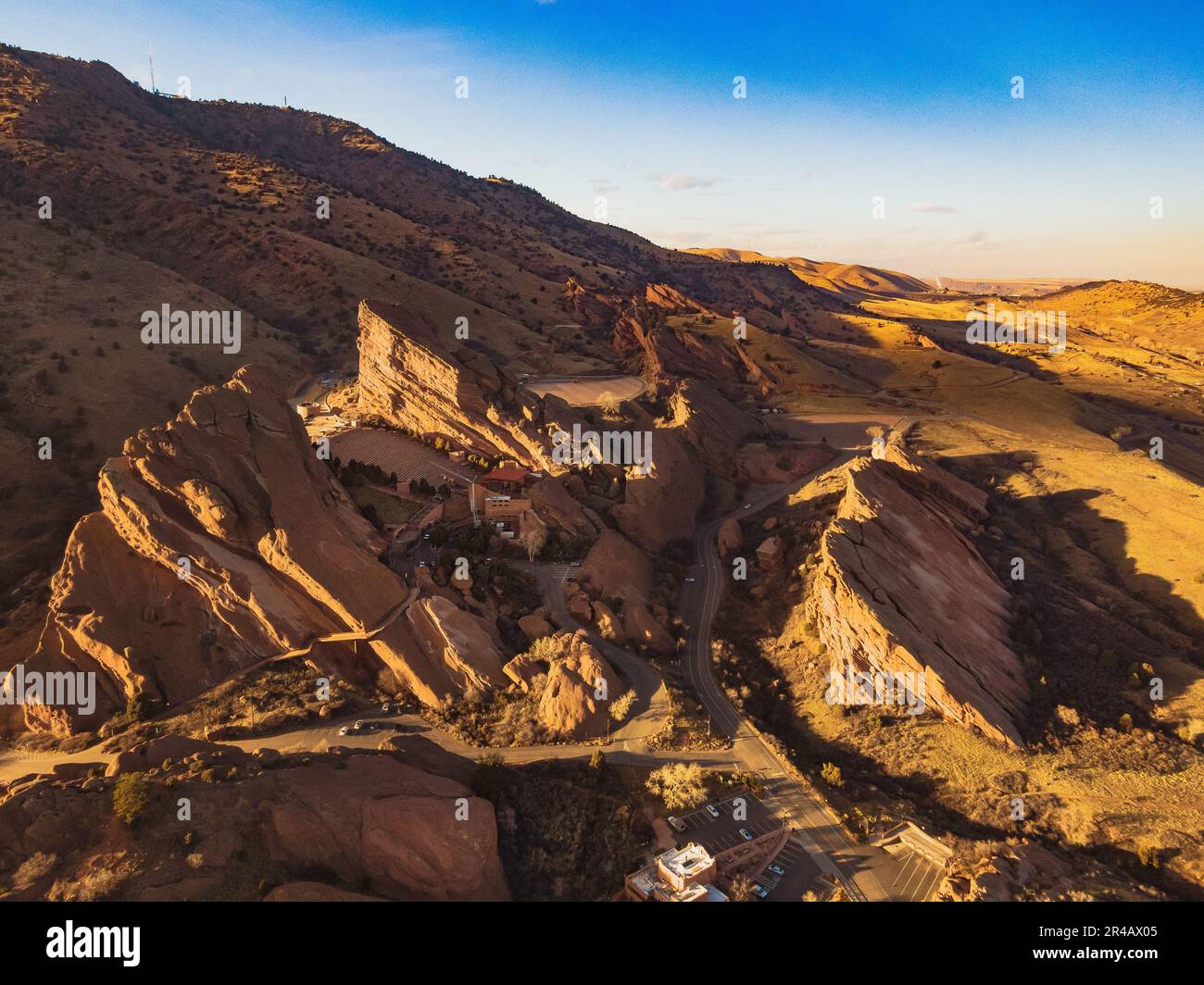 An aerial view of the mountains by Red Rocks Amphitheater in Morrison ...