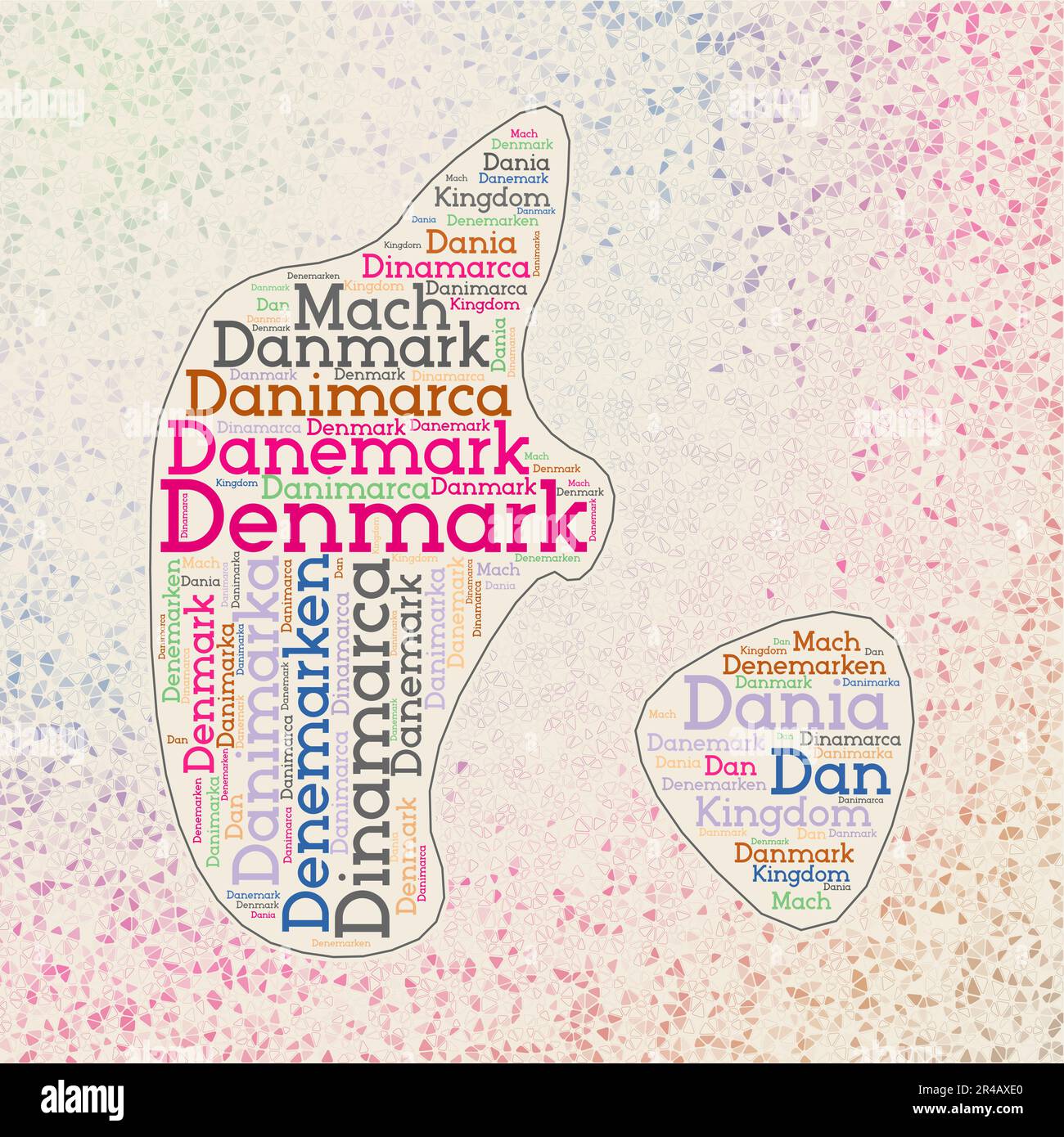 Denmark shape with country names word cloud in multiple languages ...