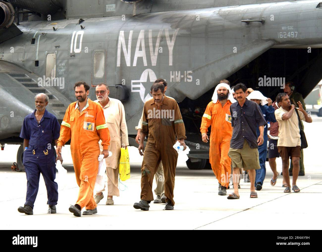 US Navy Motor Vessel Olympias crew members arrive at the aviation unit ...