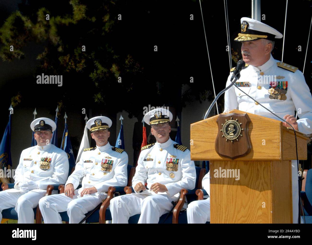 US Navy Commander, First Naval Construction Division, Rear Adm. Robert L. Phillips, delivers his ...