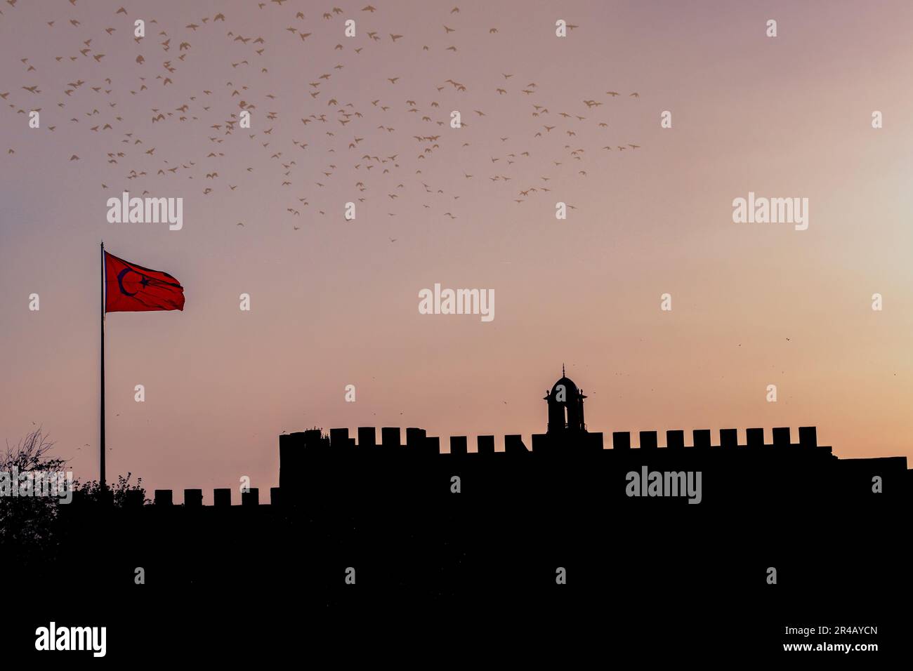 Turkish flag flies over Erzurum castle with castle on the birds flying ...