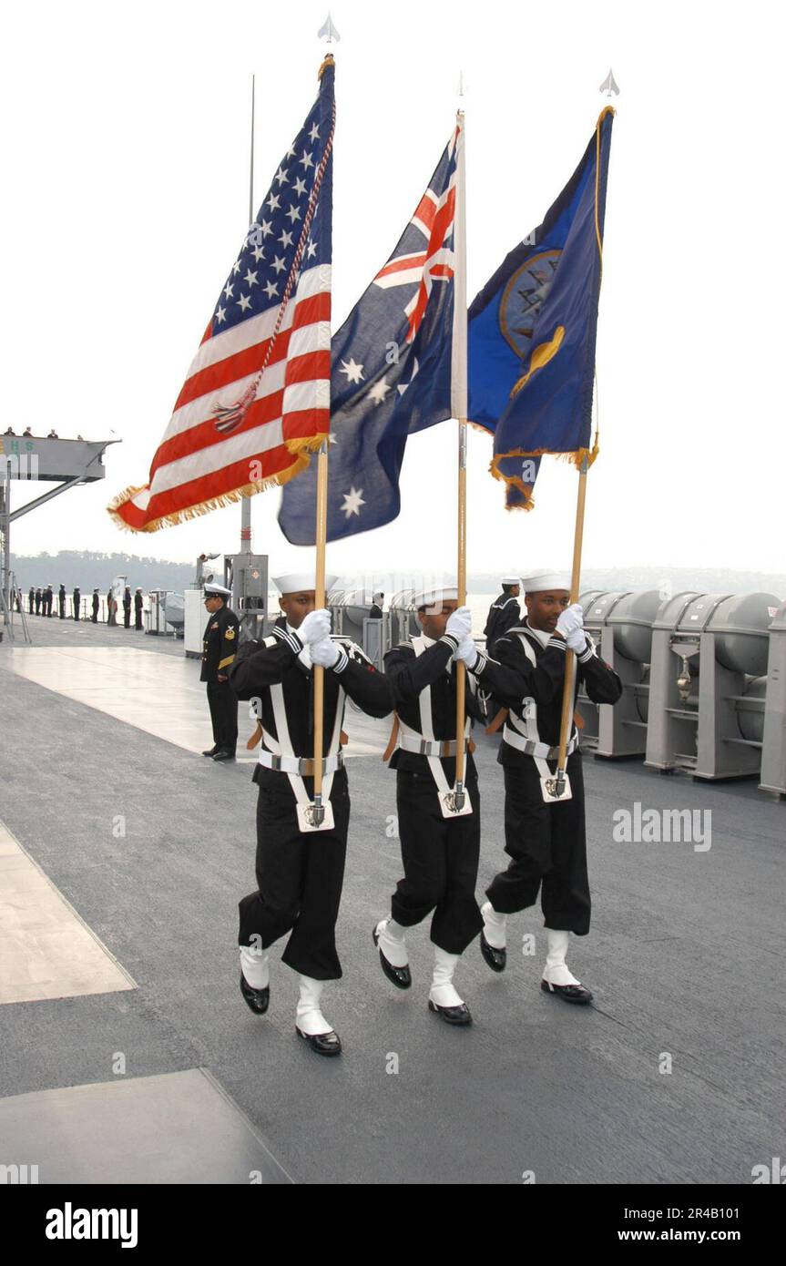 US Navy Color Guard assigned to the amphibious command ship USS Blue ...