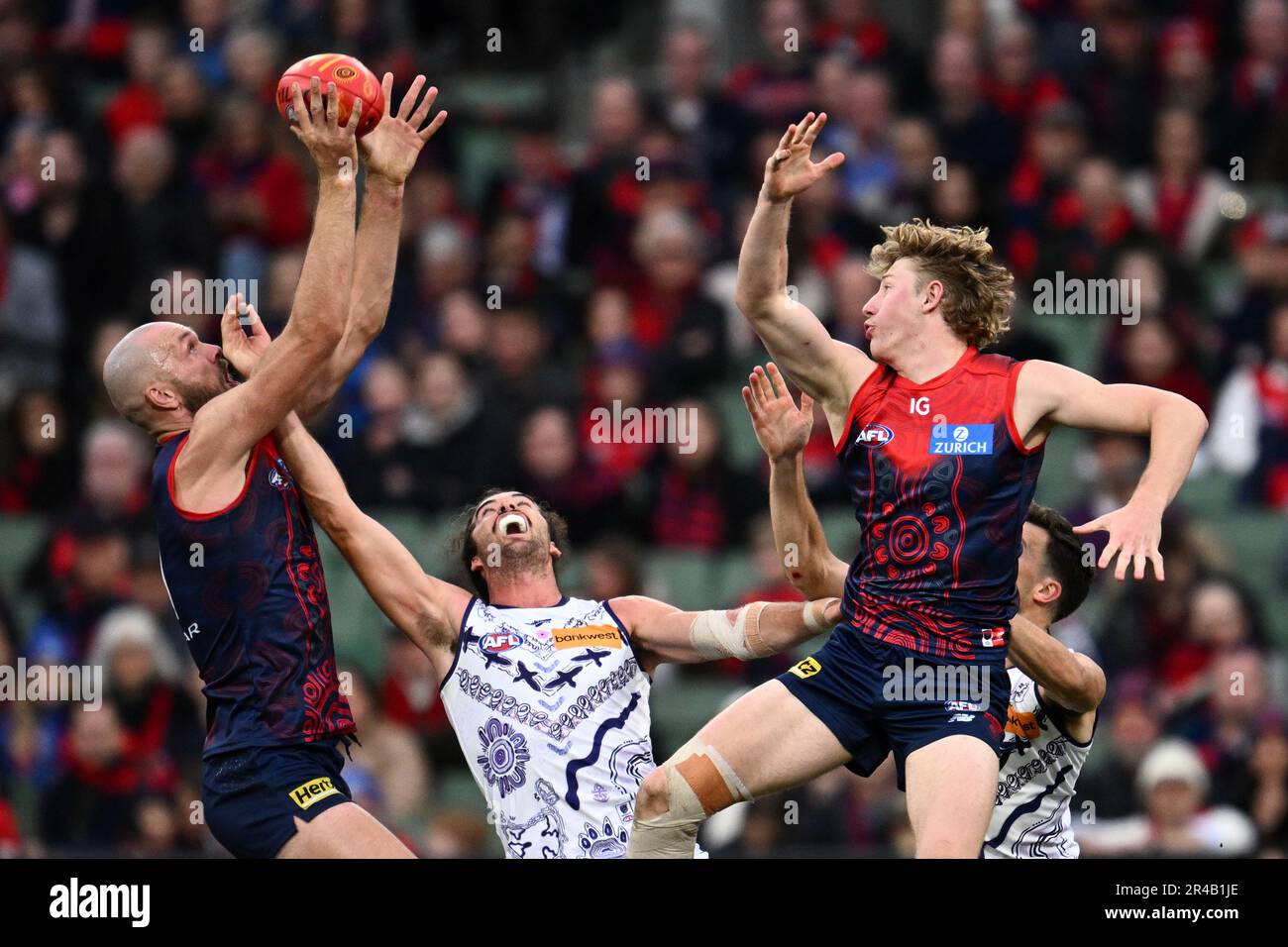 Max Gawn of Melbourne (left) during the AFL Round 11 match between the ...