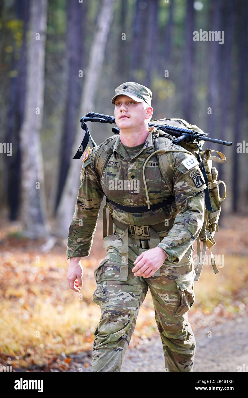 A Soldier completes the 12-mile ruck march event Tuesday during the ...