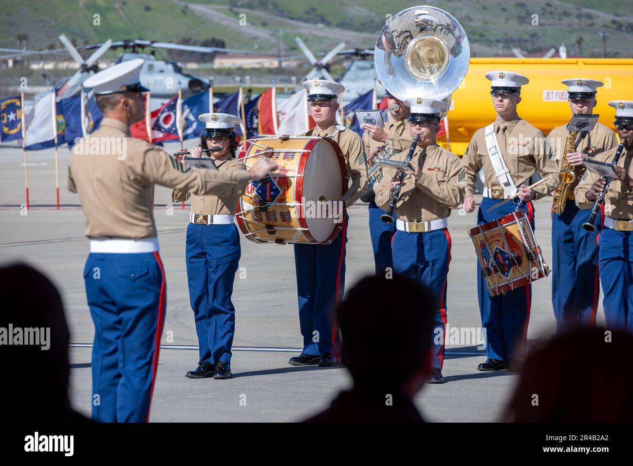 U.S. Marines with the 1st Marine Division Band play a pre-ceremony ...