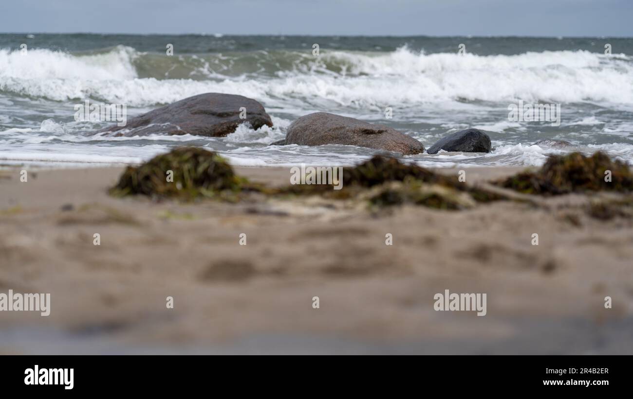 A scenic landscape of a beach, with large rocks scattered across the ...