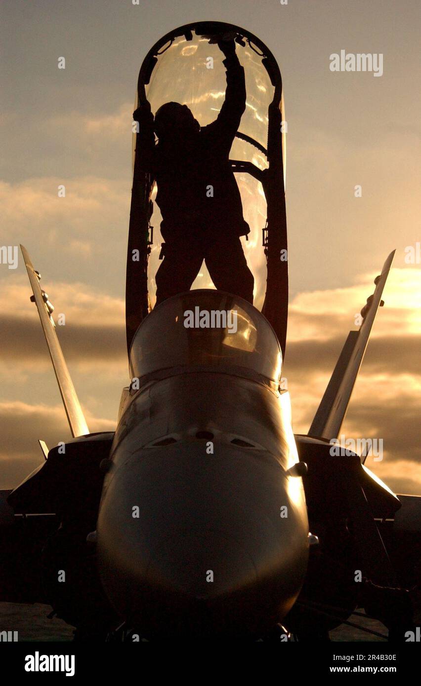 US Navy A plane captain cleans the canopy of a F-A-18C Hornet Stock ...