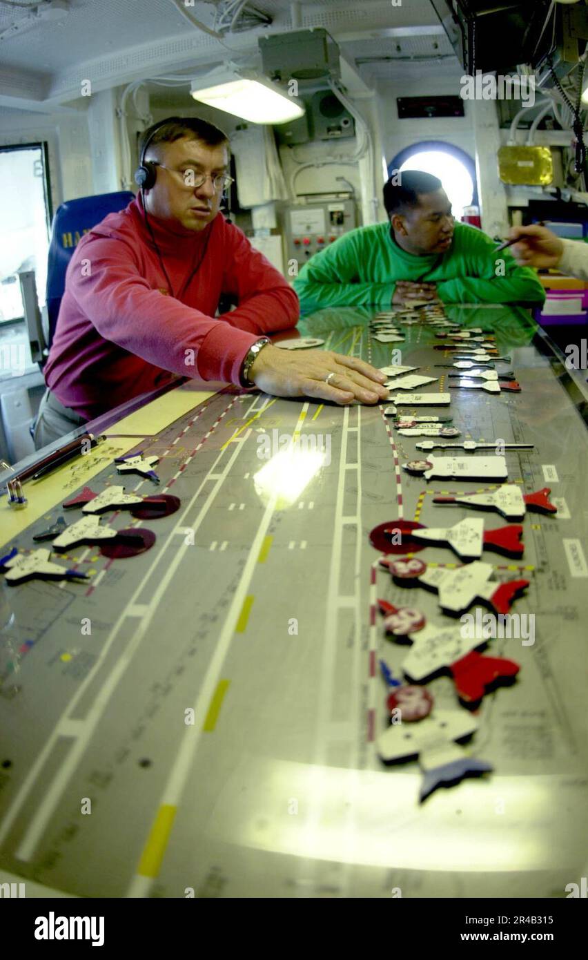 US Navy Flight Deck Control Handler Lt. Cmdr. keeps track of all ...