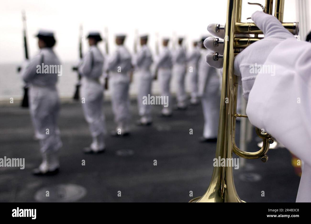 US Navy Ceremonial Honor Guard members stand at port arms during a burial at sea ceremony held ...