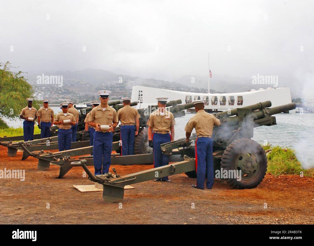 US Navy U.S. Marines fire a nineteen-gun salute in honor of the arrival ...