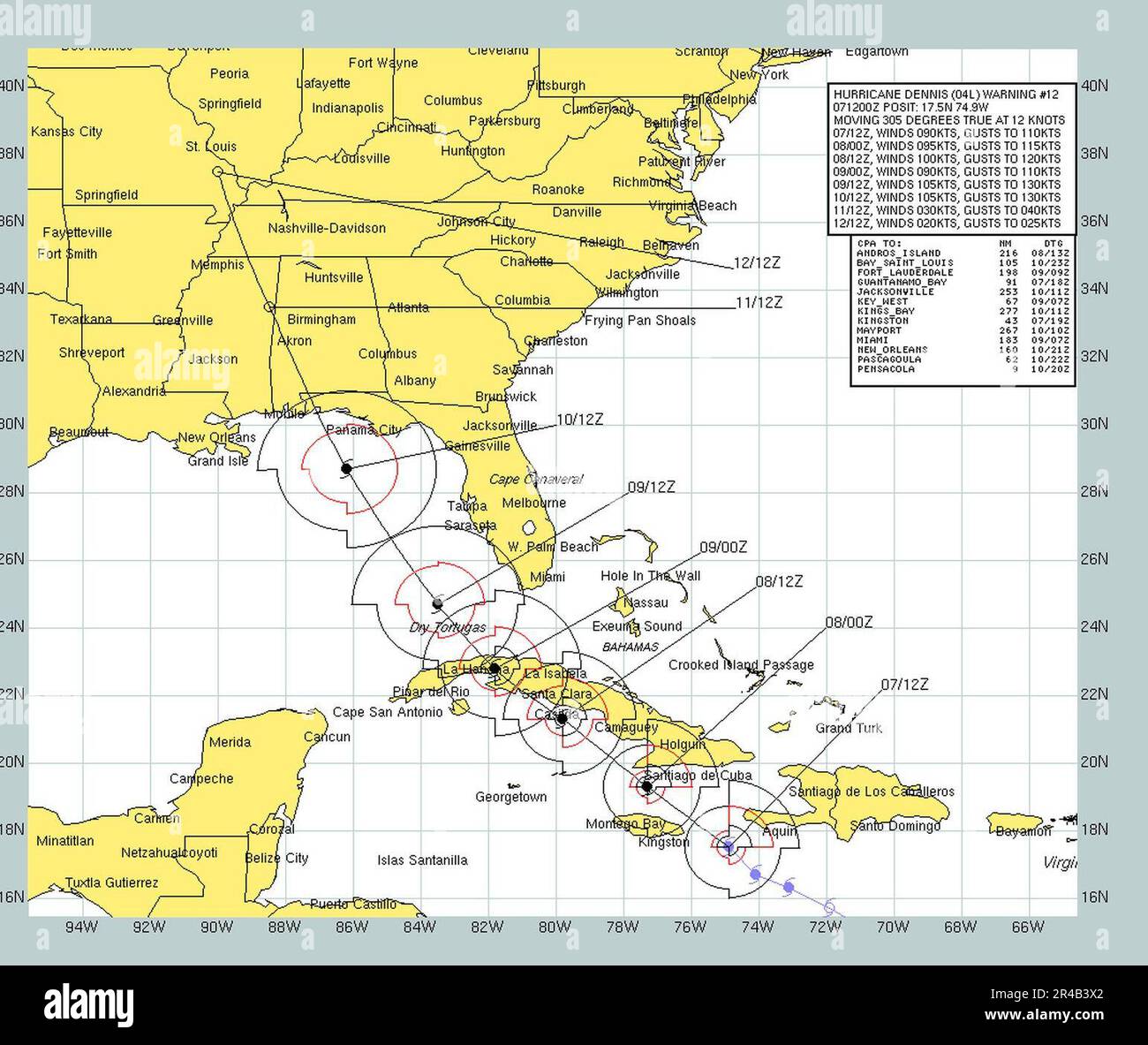 US Navy Graphic depicting the expected track of Hurricane Dennis Stock ...