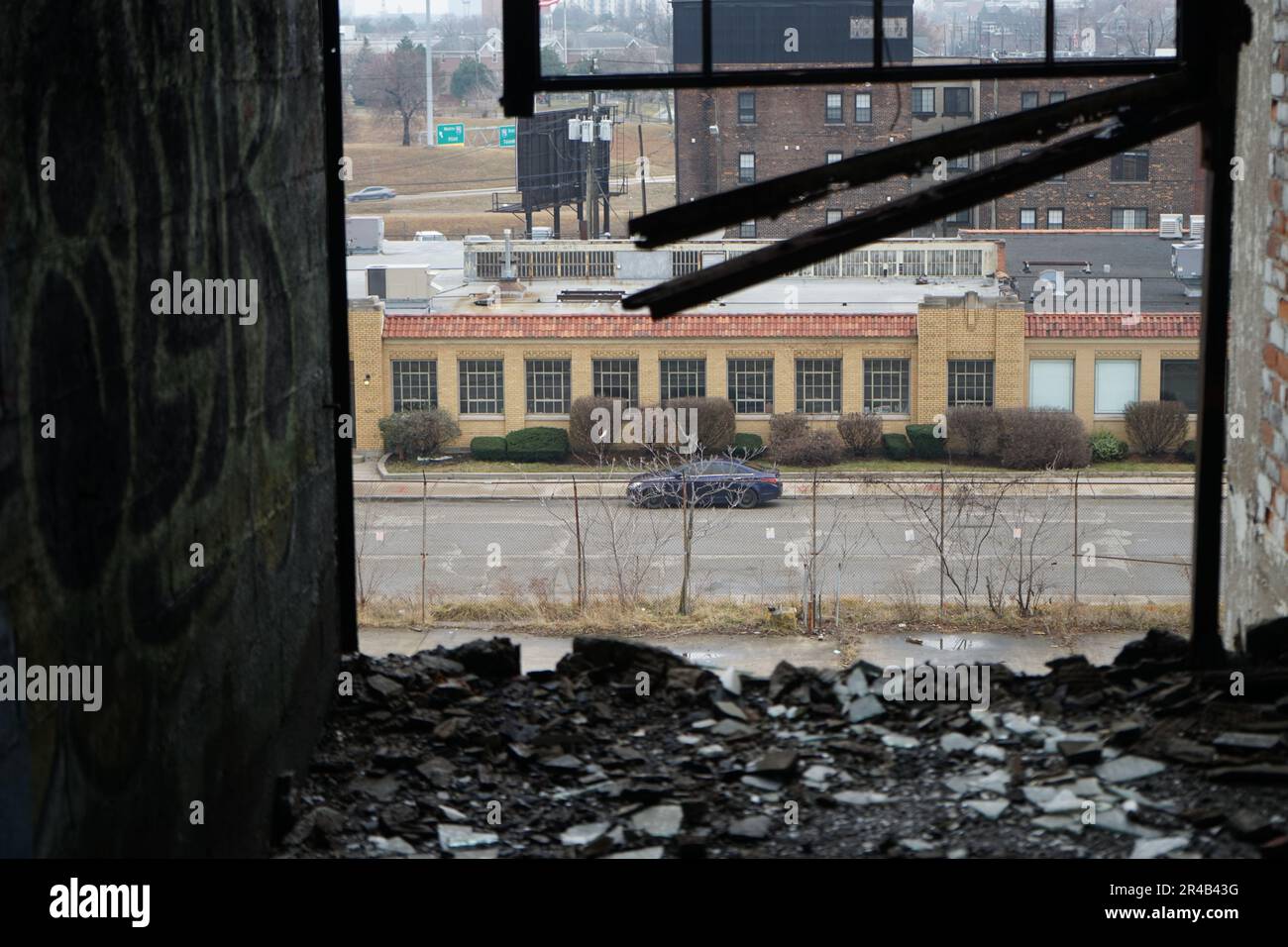 This stock photo depicts an exterior view from a window of a ...
