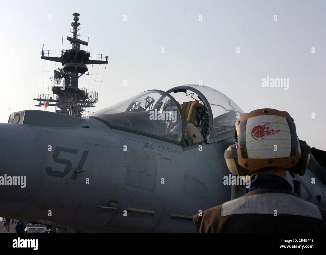 US Navy A Marine Corps AV-8B Harrier pilot waits for the signal to ...