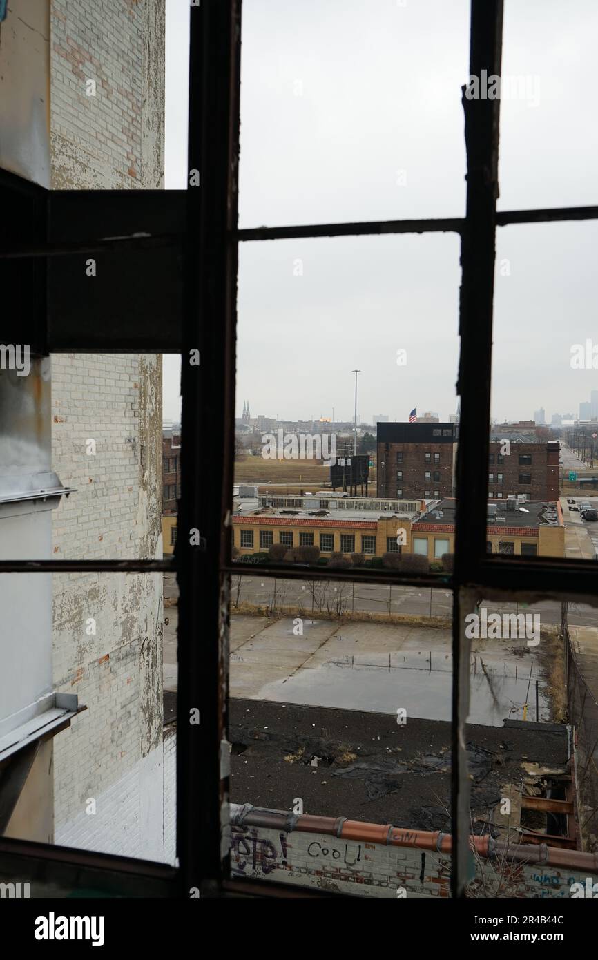 An interior view of an abandoned office space, featuring a large amount ...