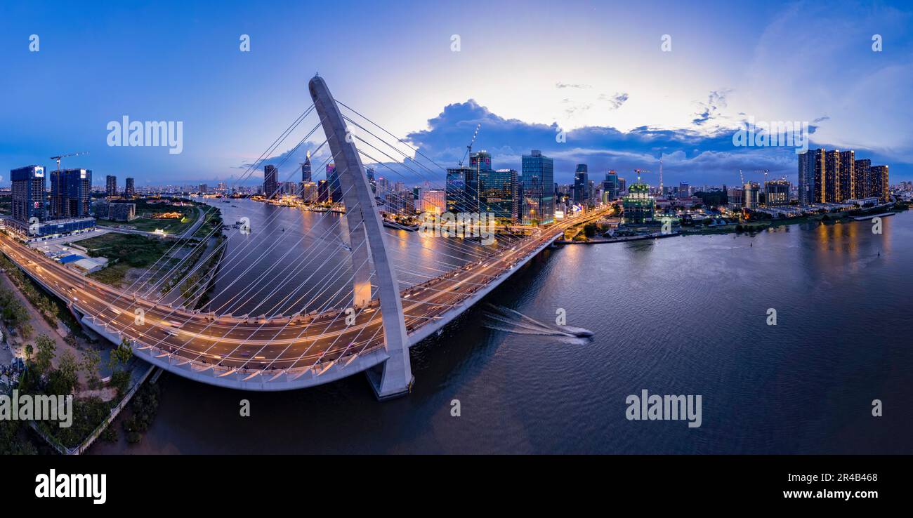 Sunset in Ba Son bridge, Saigon riveside, Ho Chi Minh city, Vietnam ...