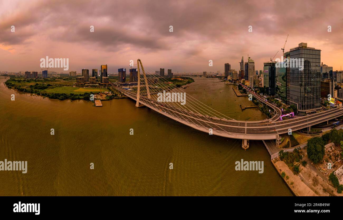 Sunset in Ba Son bridge, Saigon riveside, Ho Chi Minh city, Vietnam ...