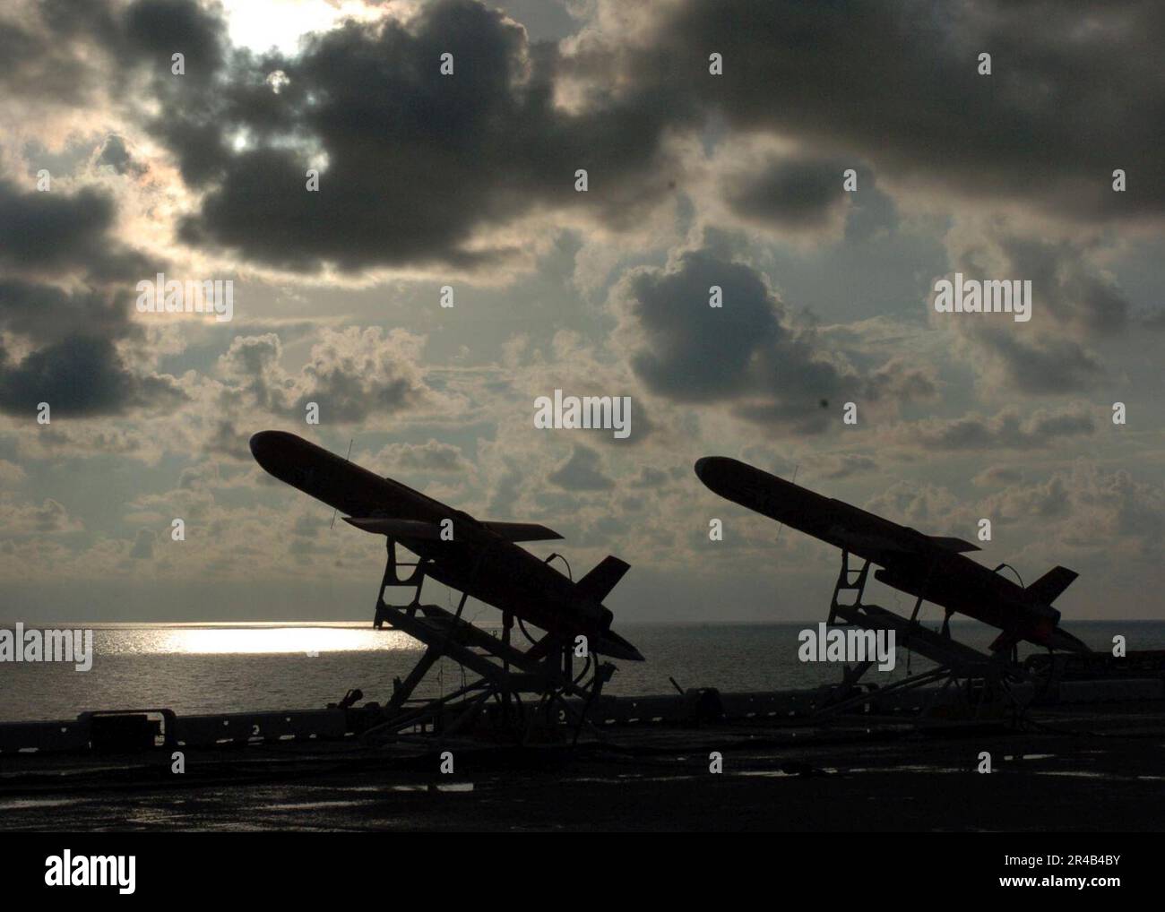 US Navy Two BQM-74E aerial target drones are elevated for launch from ...