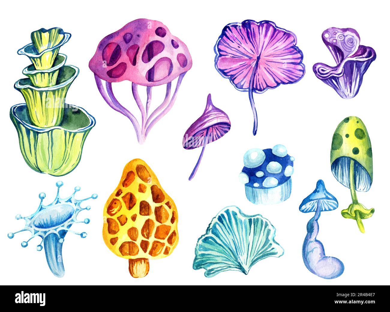 watercolor composition of fantastic cosmic mushrooms and stas on white ...