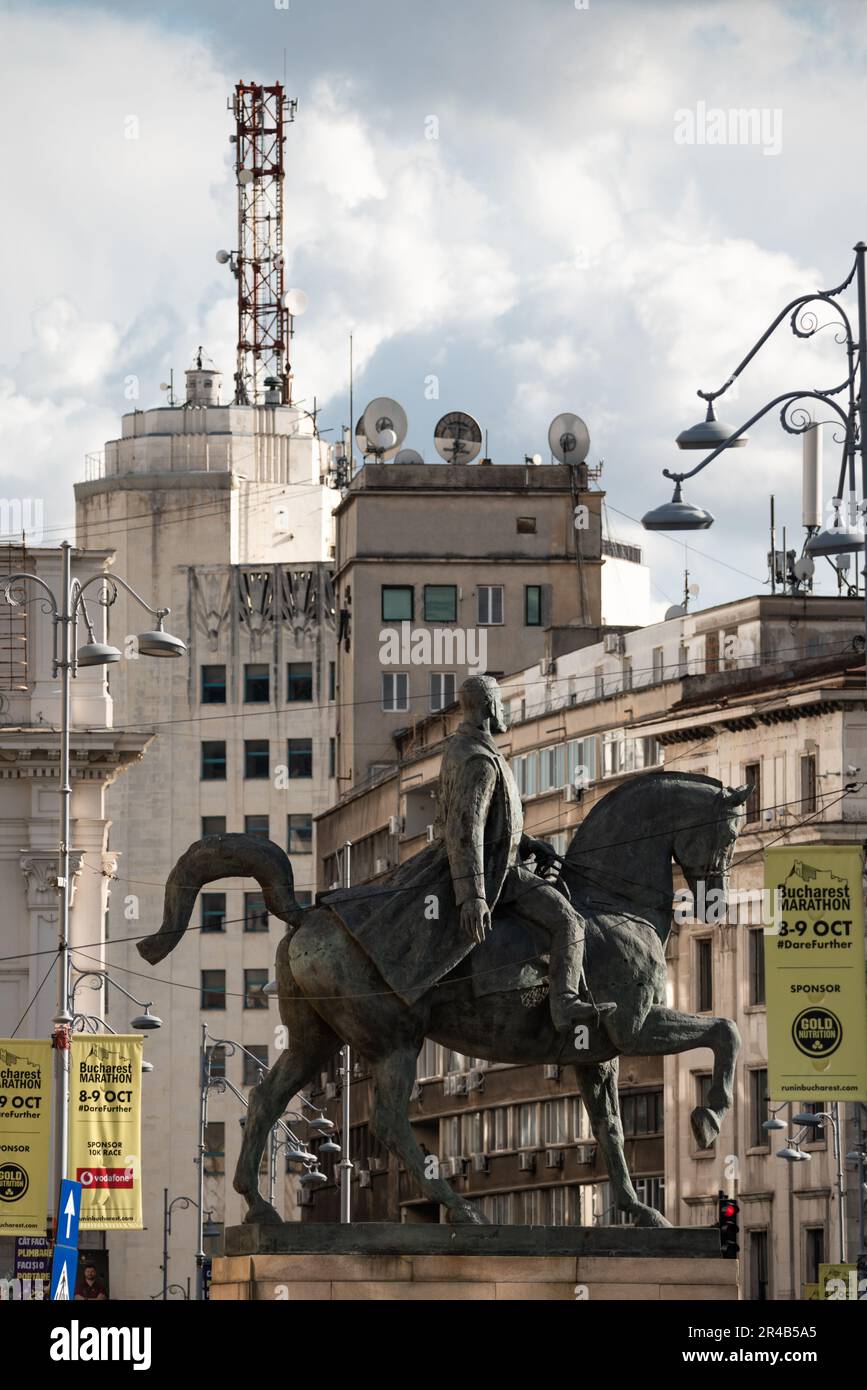 The statue of King Carol I in Revolution Square, Bucharest Stock Photo ...