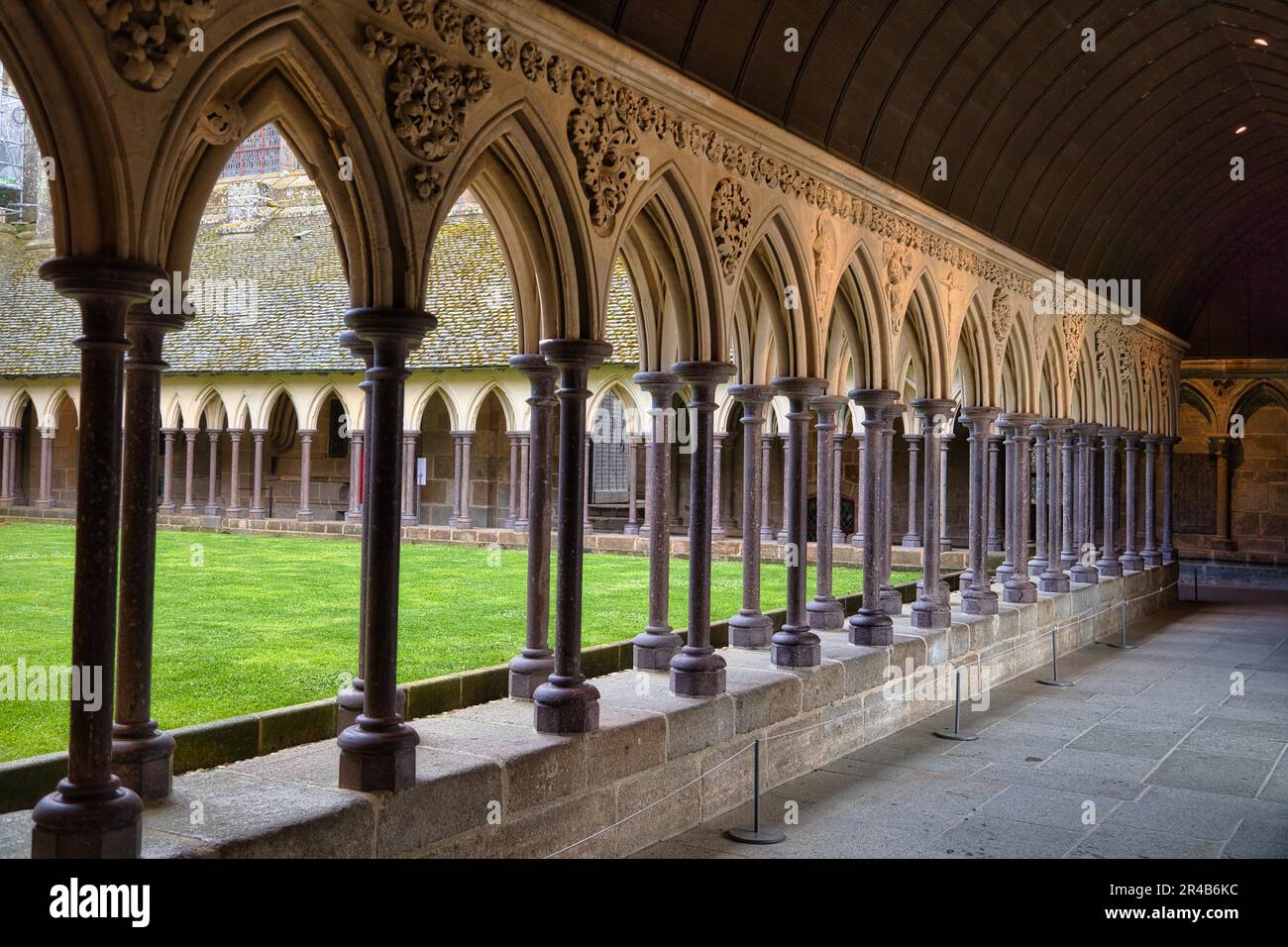 Mont Saint-Michel monastery hill, cloister of the monastery church ...