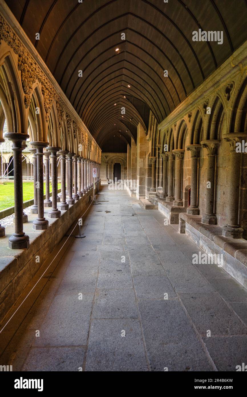 Mont Saint-Michel monastery hill, cloister of the monastery church ...