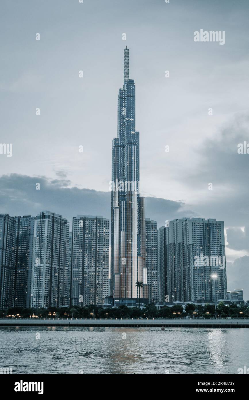 A picturesque aerial view of a bustling city skyline featuring a ...