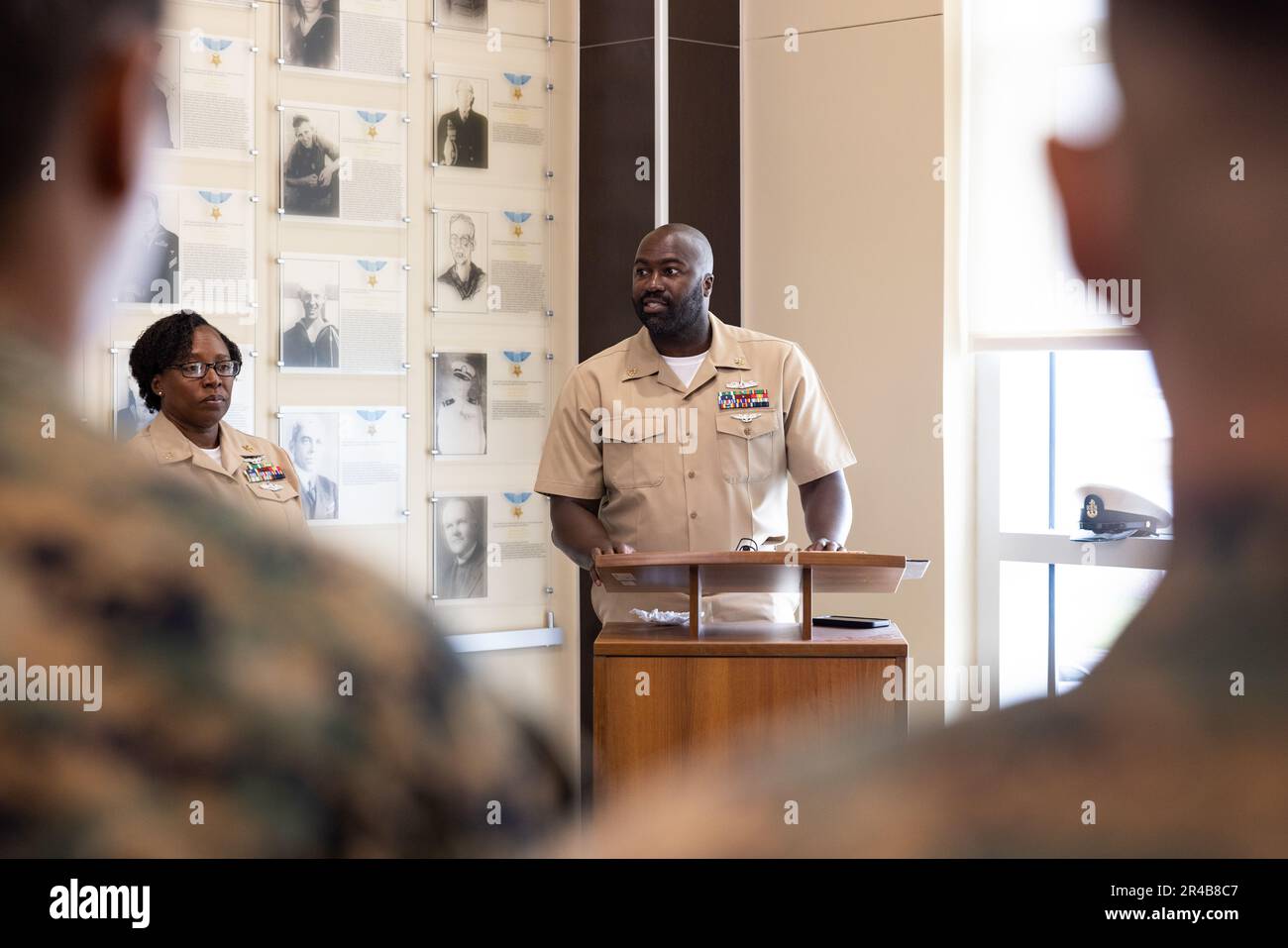 U.S. Navy Chief Petty Officer Marcus Edwards, the master of ceremony ...