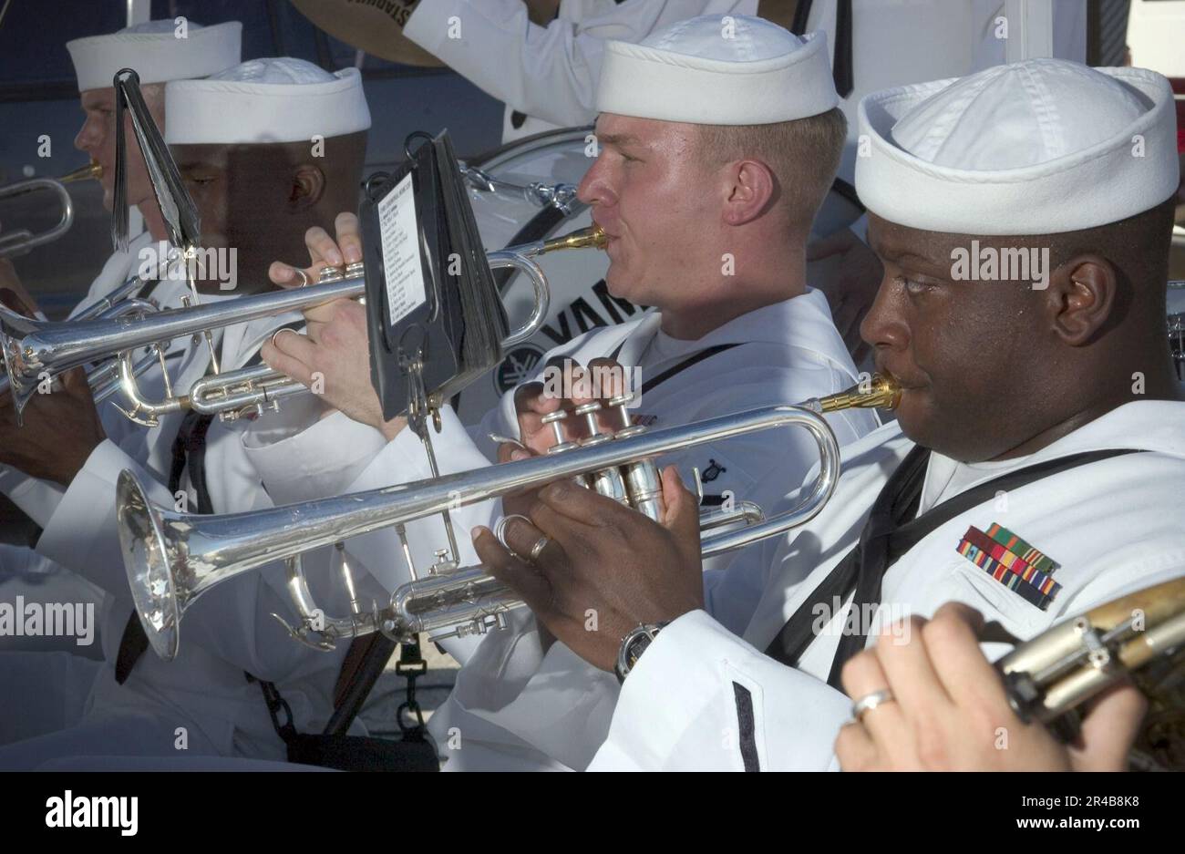US Navy Musicians from the Seventh Fleet Band perform on the pier prior ...
