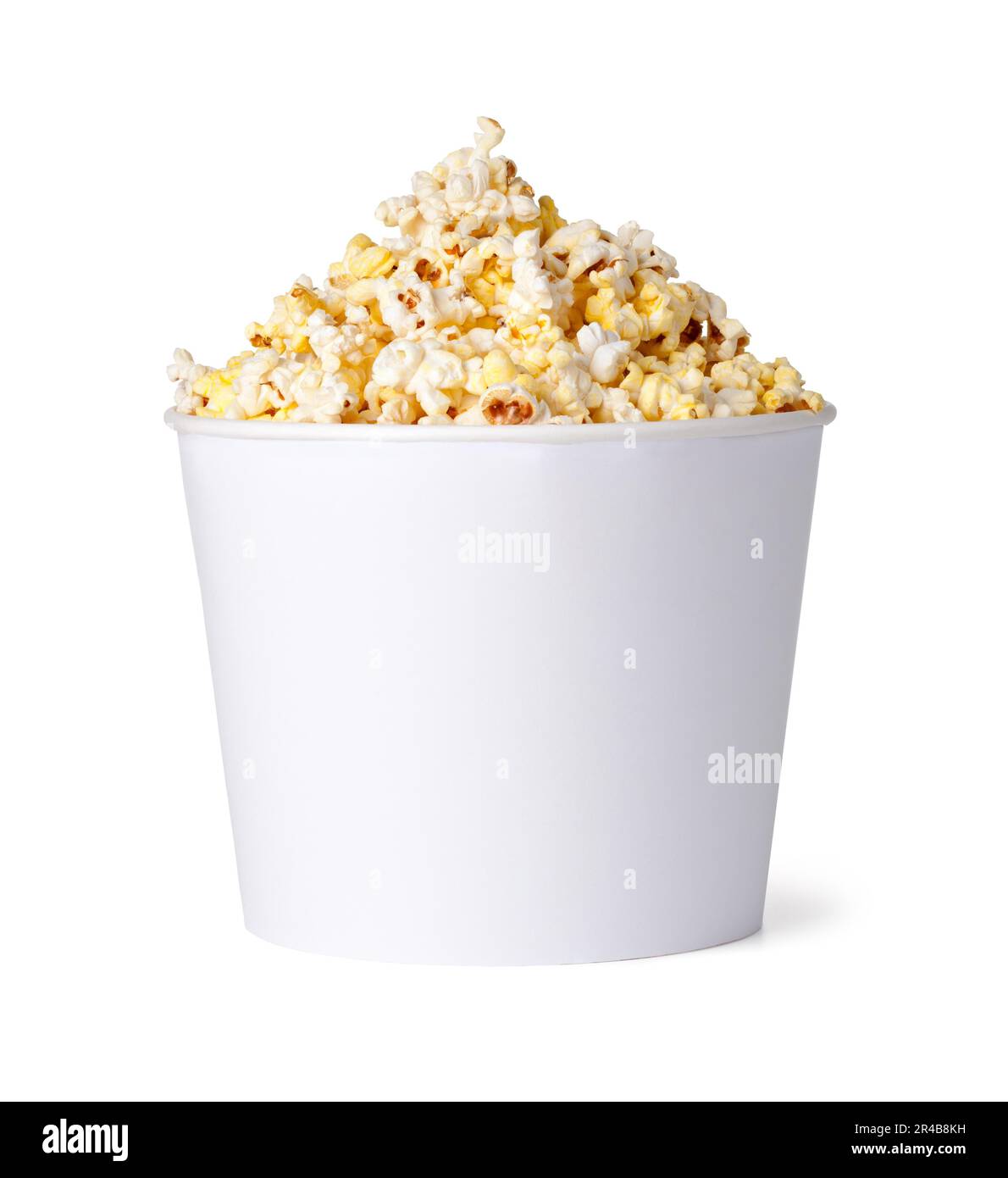 Popcorn in red and yellow cardboard box on a white background Stock ...