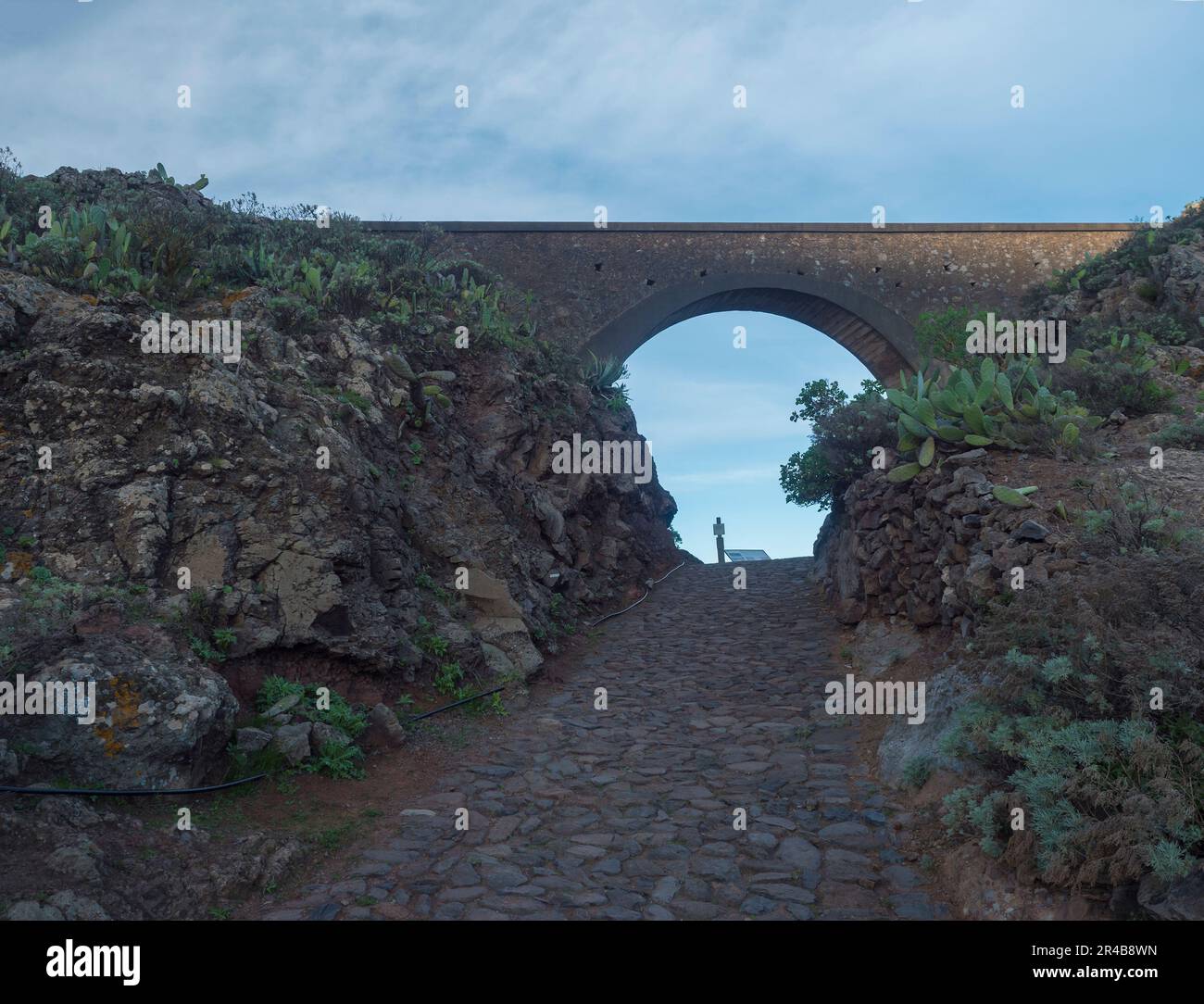 small viaduct on stone paved road to viewpoint Mirador Ermita del Santo ...