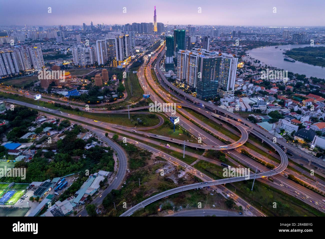 Sunset at overpass bridges in Cat Lai juntion, Ho Chi Minh city ...