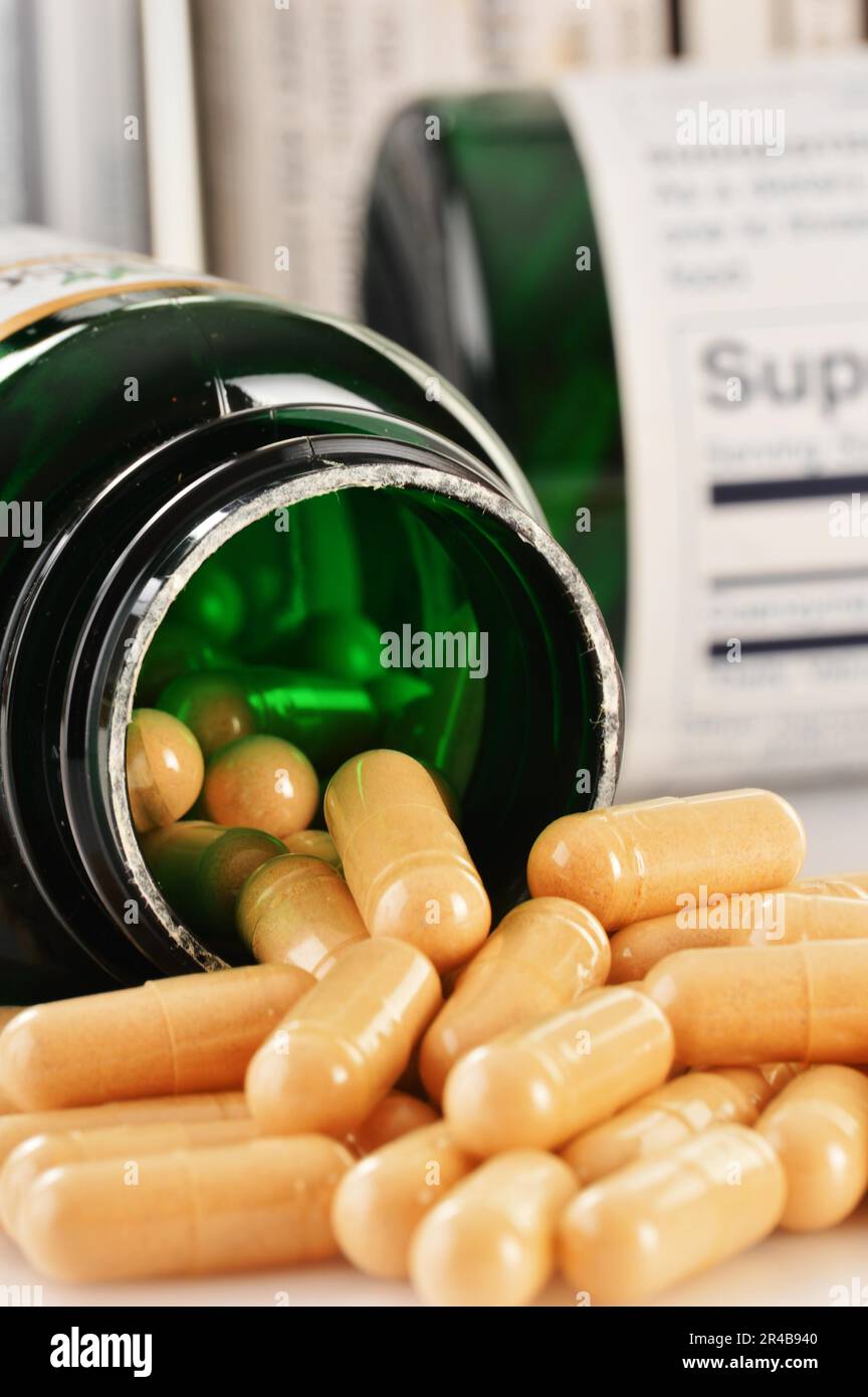 Composition with dietary supplement capsules. Drug pills Stock Photo ...