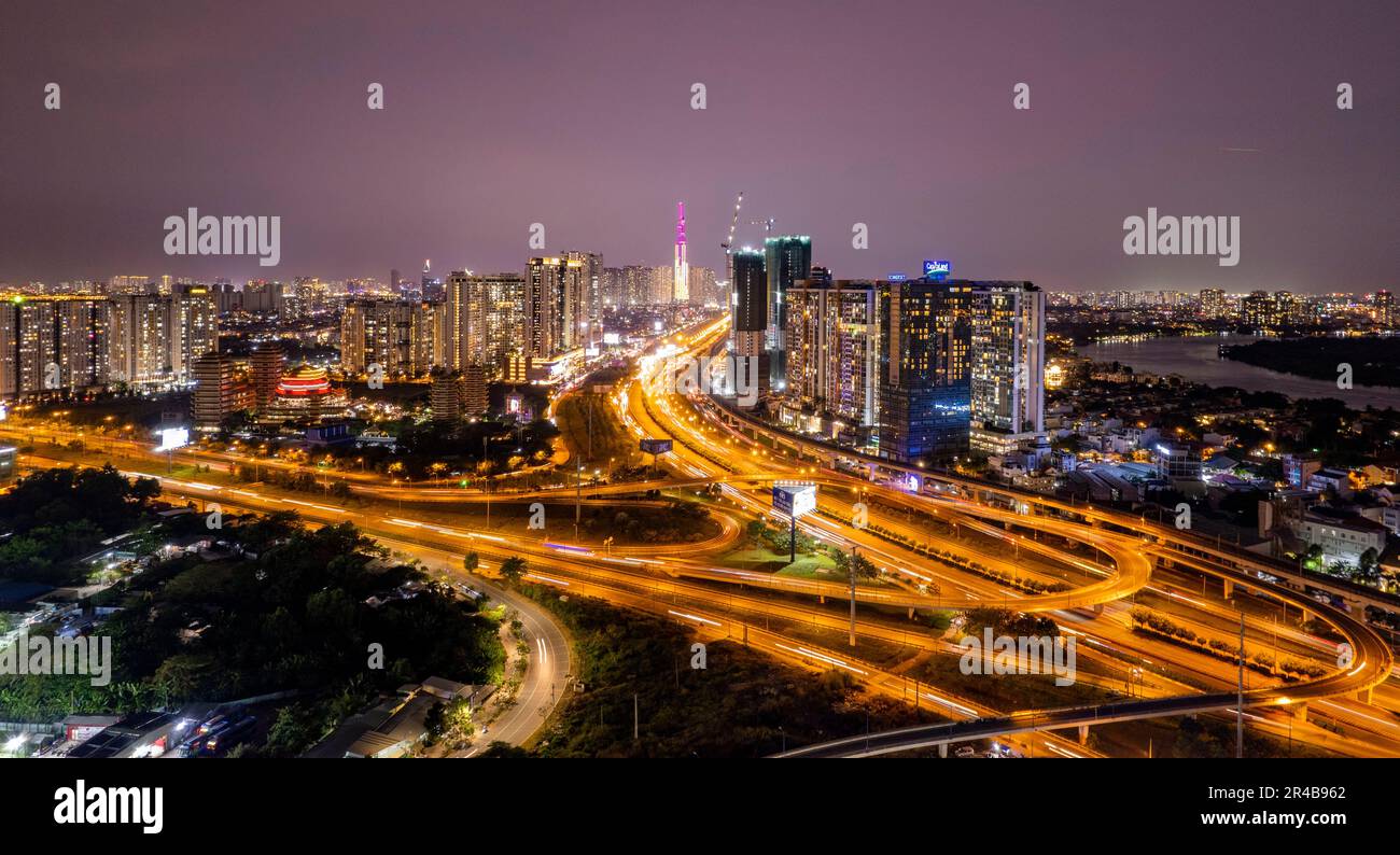 Sunset at overpass bridges in Cat Lai juntion, Ho Chi Minh city ...